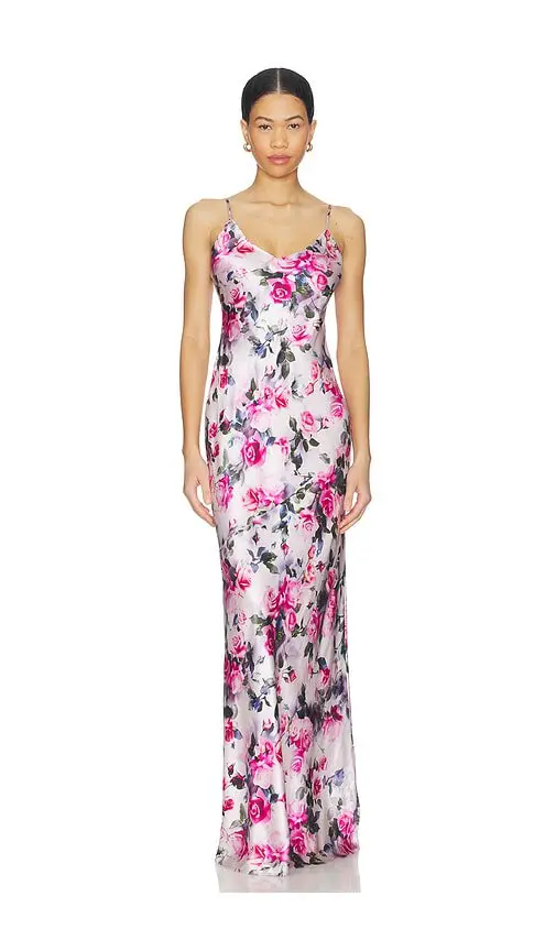 L'Agence Serita Maxi V Neck Bias Dress - Pink Multi Water Rose