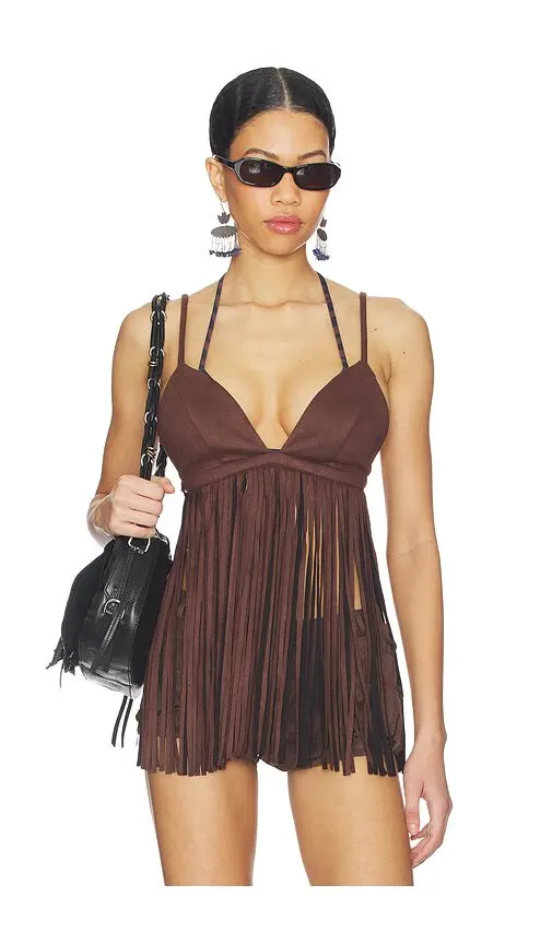 MORE TO COME Fringe Faux Suede Top - Dark Brown