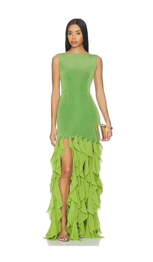 ELLIATT Marison Ruffled Fringe Gown - Fern Green