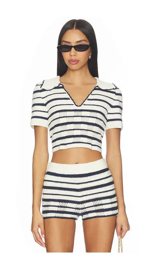 My Beachy Side Vera Hand-crocheted Polo Top In Navy - Navy Striped