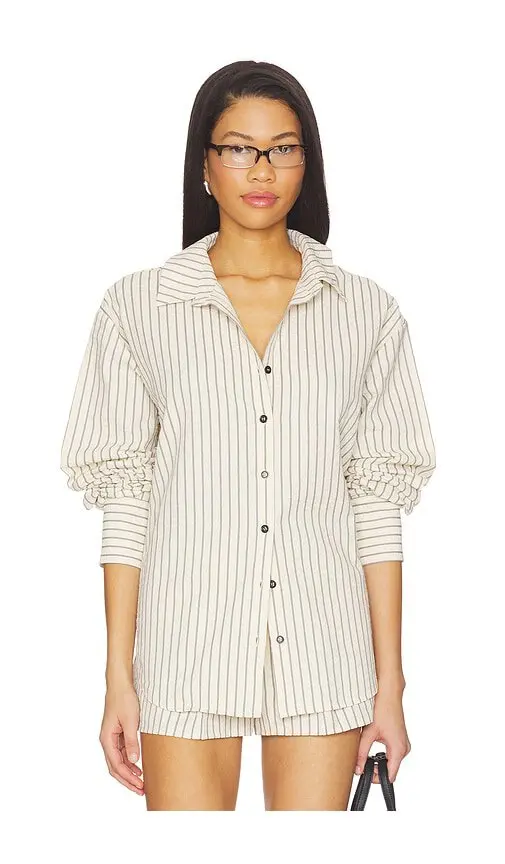 ALL THE WAYS Kadence Button Up Top In Cream - Beige & White Stripe