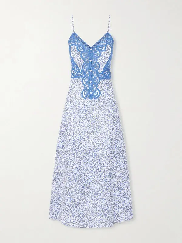 Loretta Caponi Palmira Floral-print Lace-trimmed Maxi Dress - Blue