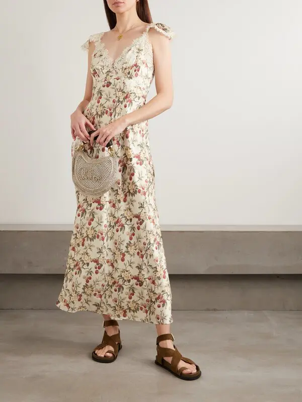 DÔEN Fiona Lace-trimmed Floral-print Silk-satin Midi Dress - Multi