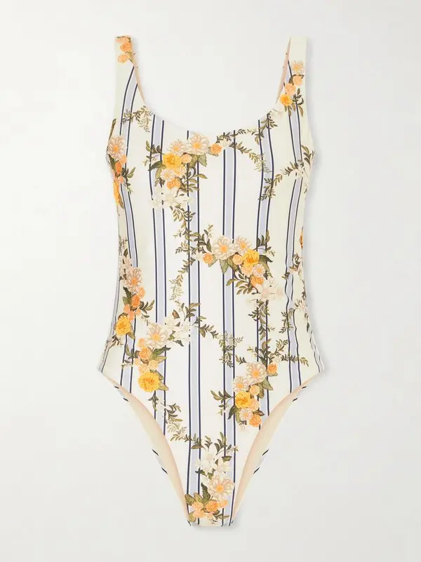 Agua Bendita Gema Valle Embellished Floral And Striped Recycled Swimsuit - White