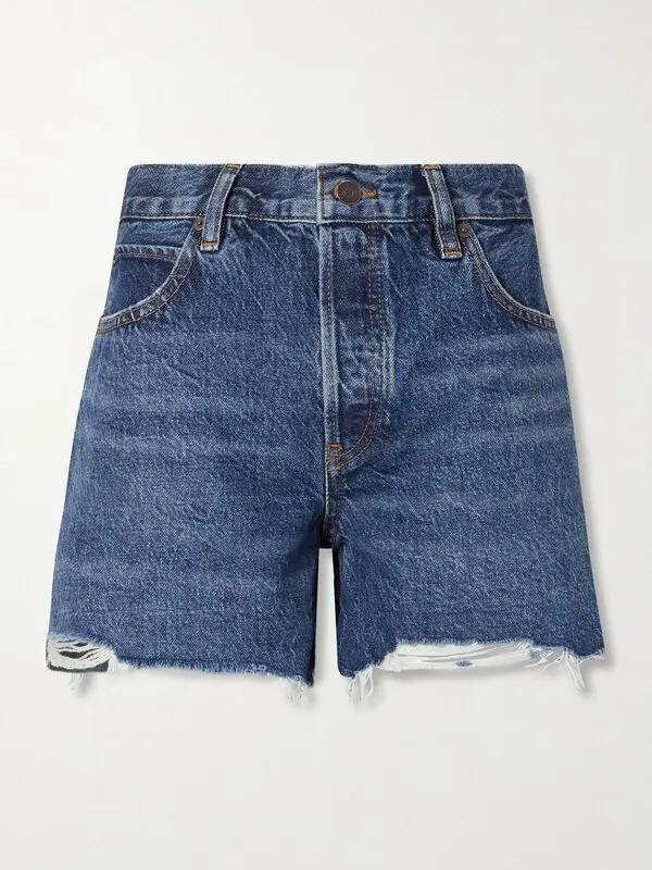 FRAME Mid Rise Relaxed Fit Denim Shorts With Frayed Hem - Blue