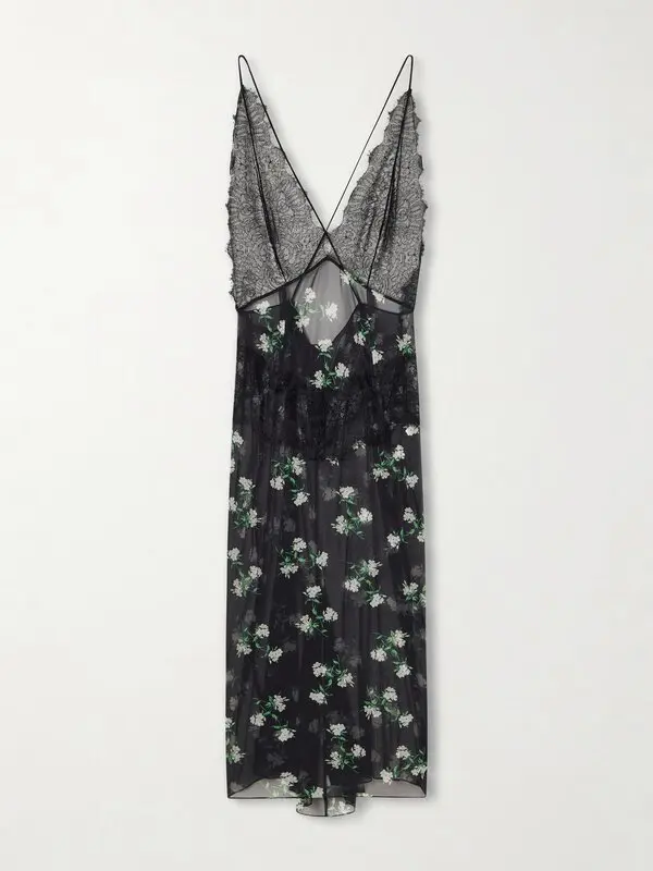 Dolce & Gabbana Lace-trimmed Floral-print Chiffon Midi Dress - Black
