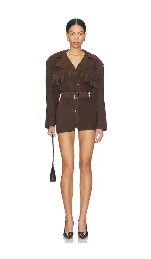LAMARQUE Suede Romper With Fringe Detail - Chocolate