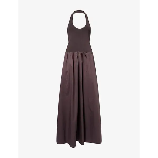 ST. AGNI Circle-hem Halterneck Jersey And Cotton-poplin Maxi Dress - Chocolate Plum