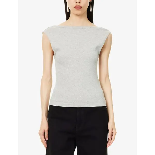 ST. AGNI Boat-neck Scoop-back Cotton Top - Grey Marle