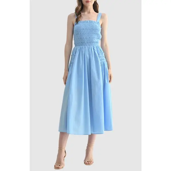 ALL IN FAVOR Smocked Cross Back Midi Sundress - Light Blue