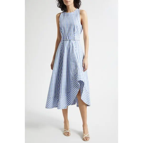 Cinq À Sept Zelda Gingham Belted Denim Midi Dress - Ultramarine/white