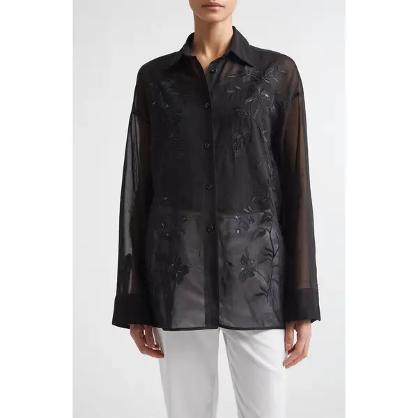 Eleventy Sequin Embroidered Cotton Gauze Button-up Shirt - 22 Black