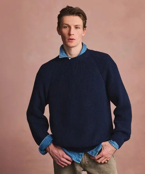Naadam Cotton Fisherman Raglan Crewneck Sweater - Indigo
