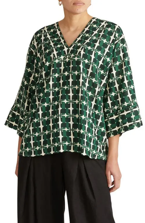 Universal Standard Elio Print Linen Blend Top - Green Trellis Print