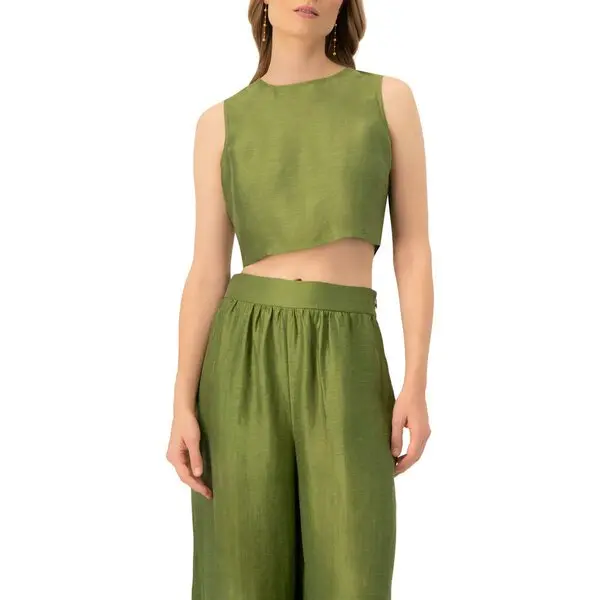 IVONNE Sleeveless Cropped Linen Top - Green
