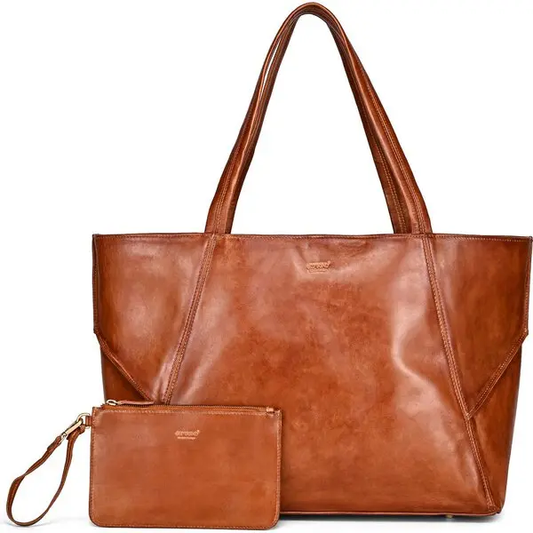 OLD TREND Wishbone Oversized Leather Carryall Tote - Cognac