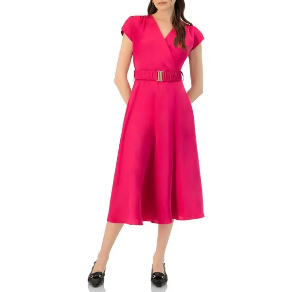 IVONNE Sleeveless Midi Satin Dress With Belt - Fuchsia