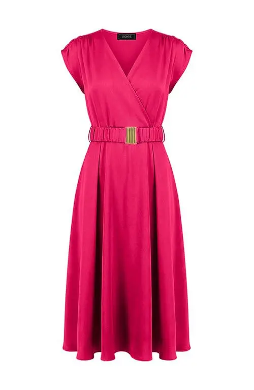 IVONNE Sleeveless Midi Satin Dress With Belt