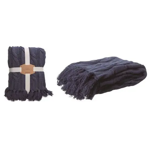 TRANSPAC Chunky Knitted Polyester Midnight Throw Blanket With Tassels For Spring Everyday Use - Blue