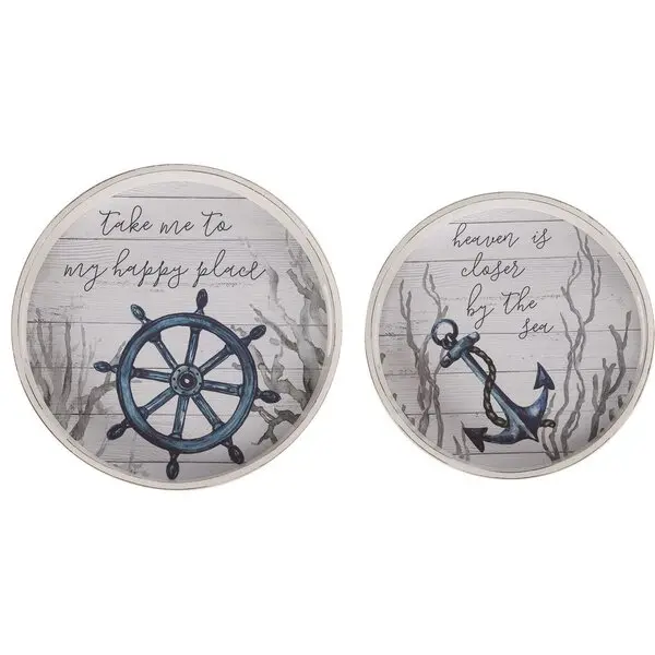 TRANSPAC Wood 15.75 Inch Spring Coastal Nested Trays Set Of 2 Decorative Trays And Platters For Home Decor - Blue