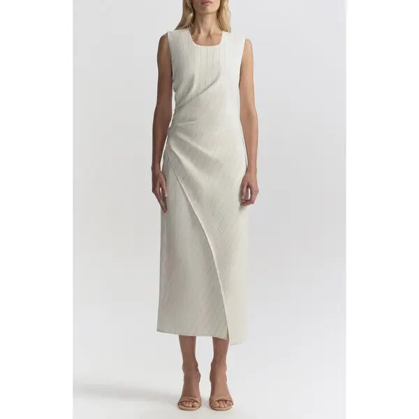 A.L.C. Caroline Pinstripe Side Ruched Linen Blend Dress - Pearl/brown