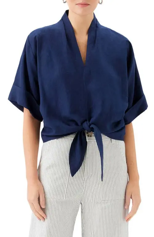 Fifteen Twenty Janice Cuffed Tie Hem Linen Blend Top - Navy