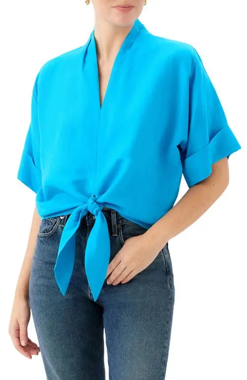 Fifteen Twenty Janice Cuffed Tie Hem Linen Blend Top - Turquoise