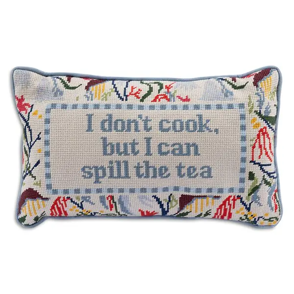 FURBISH Spill The Tea Needlepoint Pillow, 15 X 9 - Blue