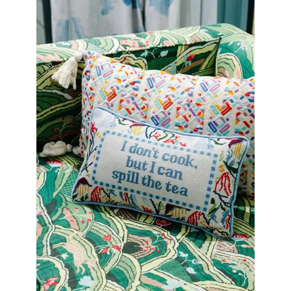 FURBISH Spill The Tea Needlepoint Pillow, 15 X 9