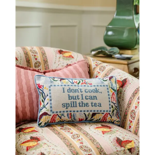 FURBISH Spill The Tea Needlepoint Pillow, 15 X 9