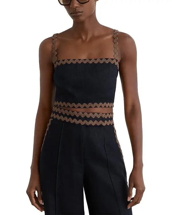 REISS Mila Linen Crop Top - Navy/ivory