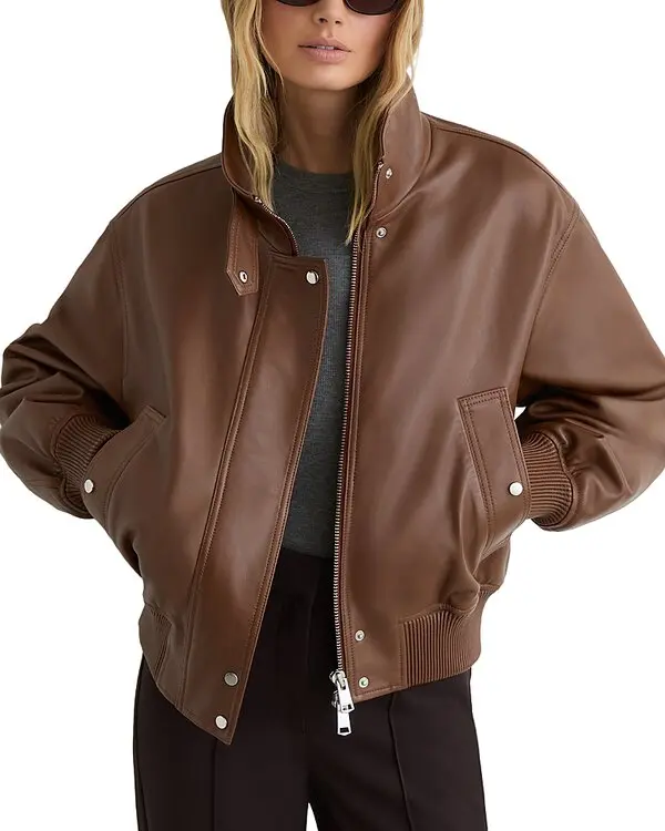 REISS Cara Leather Jacket - Chestnut Brown
