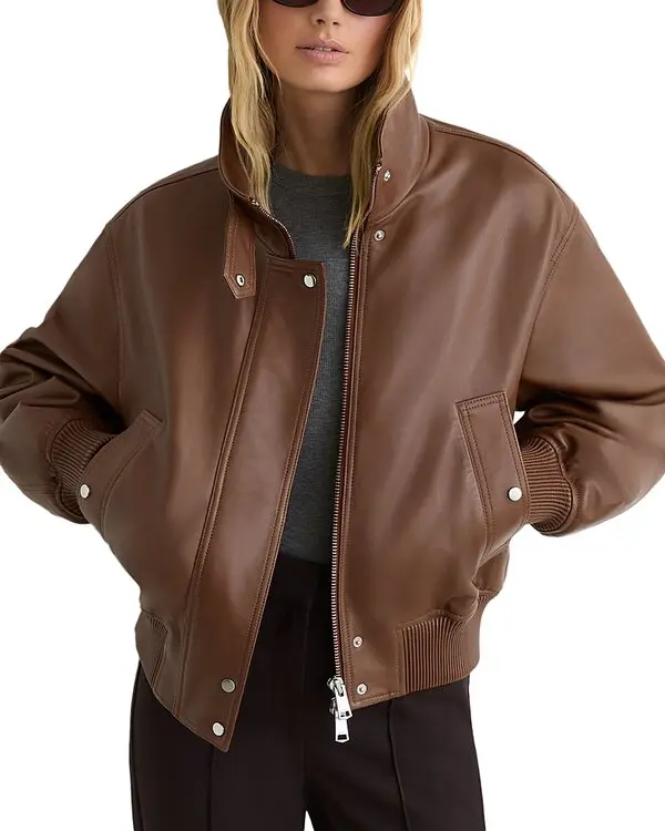 REISS Petites Cara Leather Jacket - Chestnut Brown