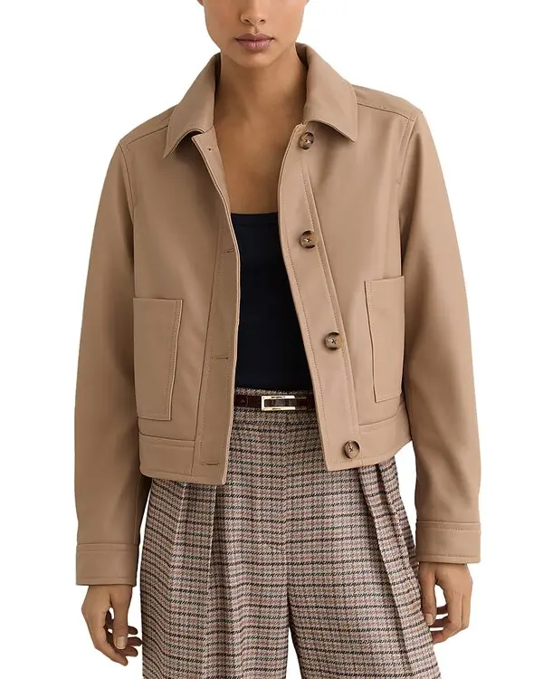 REISS Petites Sonny Leather Jacket - Neutral