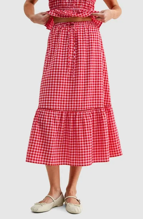 ALL IN FAVOR Gingham Cotton Blend Midi Skirt - Red Gingham