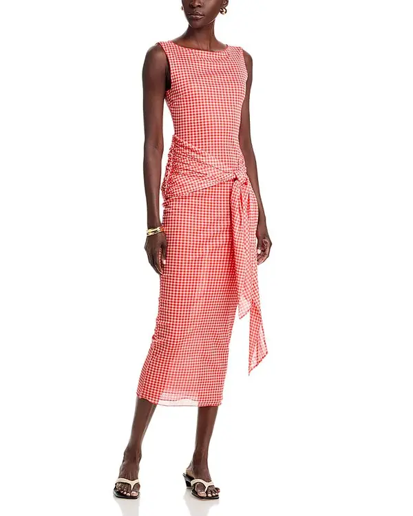 TOCCIN Wylie Boat Neck Tie Front Midi Dress - Gingham