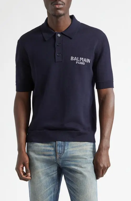 Balmain Paris Intarsia Merino Wool Polo - Navy/natural