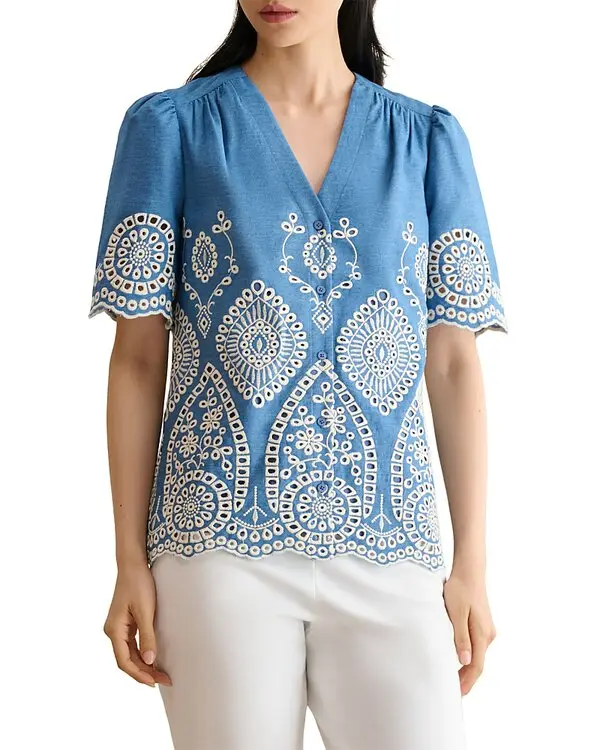 HOBBS LONDON Sloane Broderie Blouse - Blue Ivory