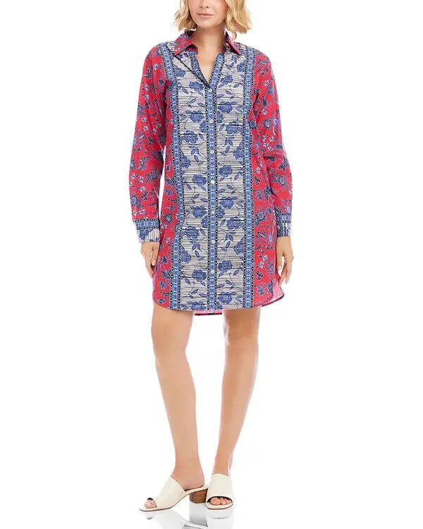 Karen Kane Long Sleeve Border Print Shirt Dress - Red