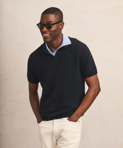Naadam Lightweight Cashmere Short Sleeve Polo - Navy