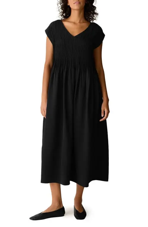 Eileen Fisher Pintuck Pleat Silk Maxi Dress - Black
