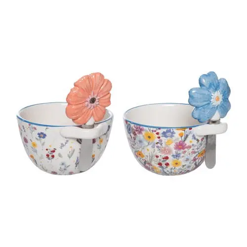 TRANSPAC Dolomite Bowl With Floral Spreader Set Of 2 Multicolored For Spring Serving And Entertaining - Blue