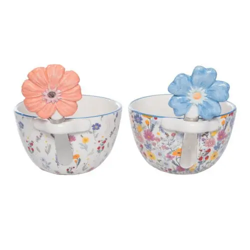 TRANSPAC Dolomite Bowl With Floral Spreader Set Of 2 Multicolored For Spring Serving And Entertaining