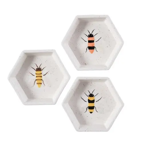 TRANSPAC Dolomite Bee Trinket Dish Set Of Multicolored For Spring Tabletop Decor - 3