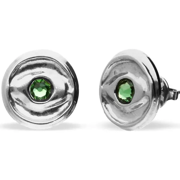 UNODE50 Plated Button Earrings With Green Faceted Crystal - Silver