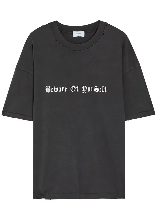 ASKYURSELF Beware Printed Distressed Cotton T-shirt