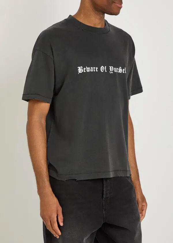 ASKYURSELF Beware Printed Distressed Cotton T-shirt