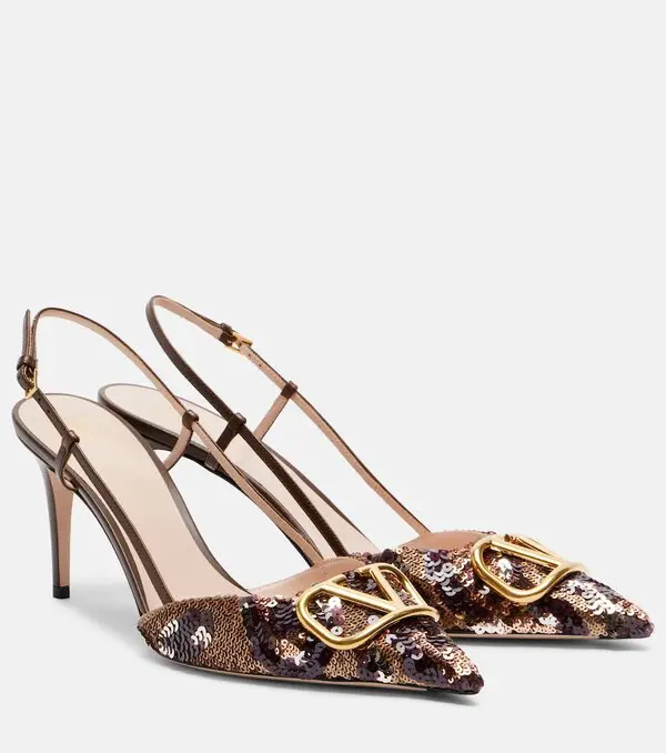 Valentino Garavani Signature Vlogo Sequined Slingback Pumps - Brown