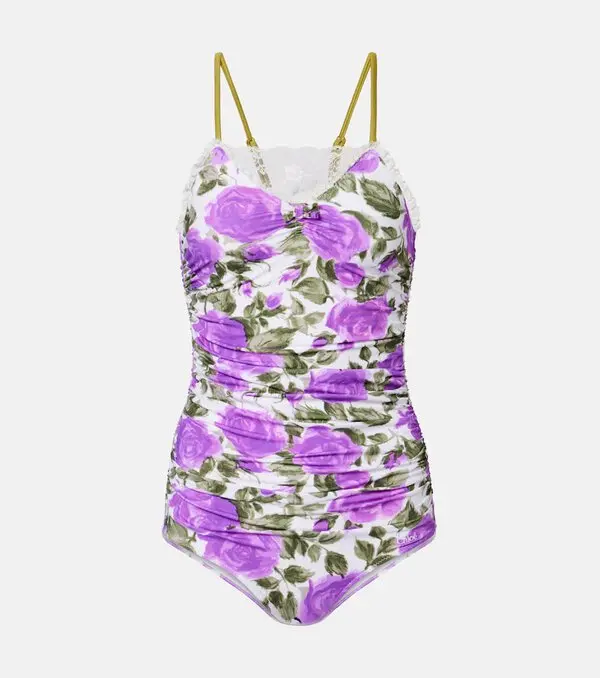Chloé Floral Ruched Lace-trimmed Swimsuit - Purple