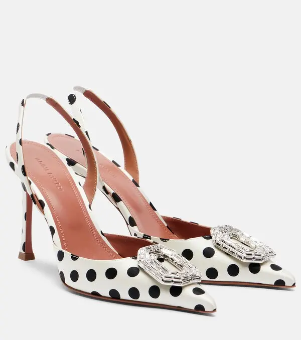 Amina Muaddi Camelia Polka-dot Satin Slingback Pumps - White